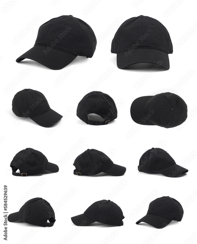 Black baseball cap, Mock up set, on White background, angles views ...
