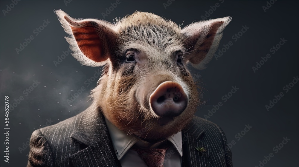Pig in suit: Studio Shot of a Pig in Business clothes, Mixing Professional and Animal portrait ...