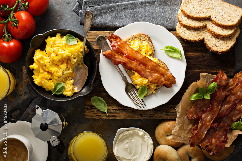 Big breakfast with bacon and scrambled eggs Stock Photo | Adobe Stock
