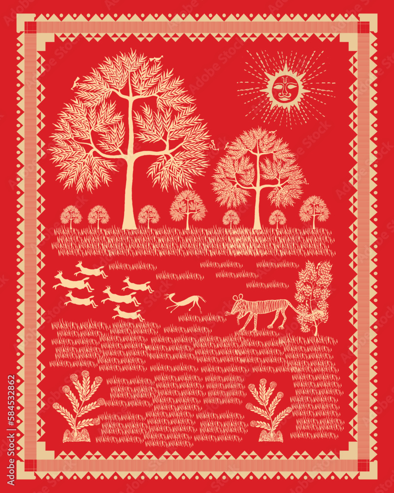 Vetor de Beautiful warli painting showing tiger, hunt, deer running ...