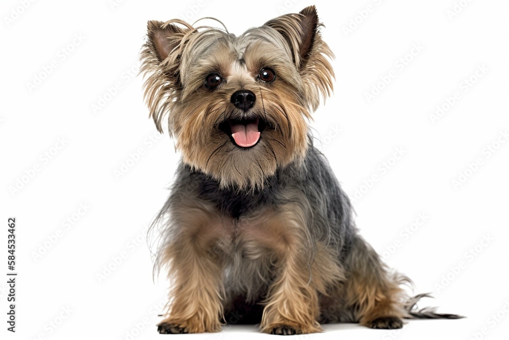 Scruffy adult blue gold Yorkshire terrier dog, sitting up facing front ...