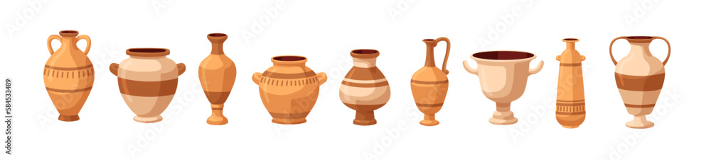 Old pottery set. Ancient Greek vases, antique pots, vintage jugs, clay ...
