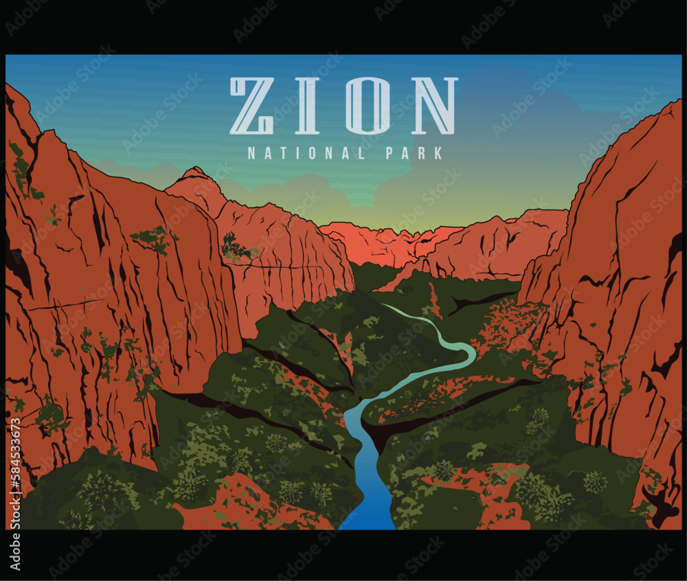 zion national park vector illustration, american mountain camping ...