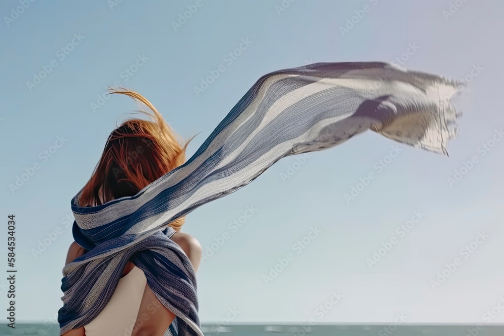 Scarf flying in the wind. Woman with long hair enjoying the beach with ...