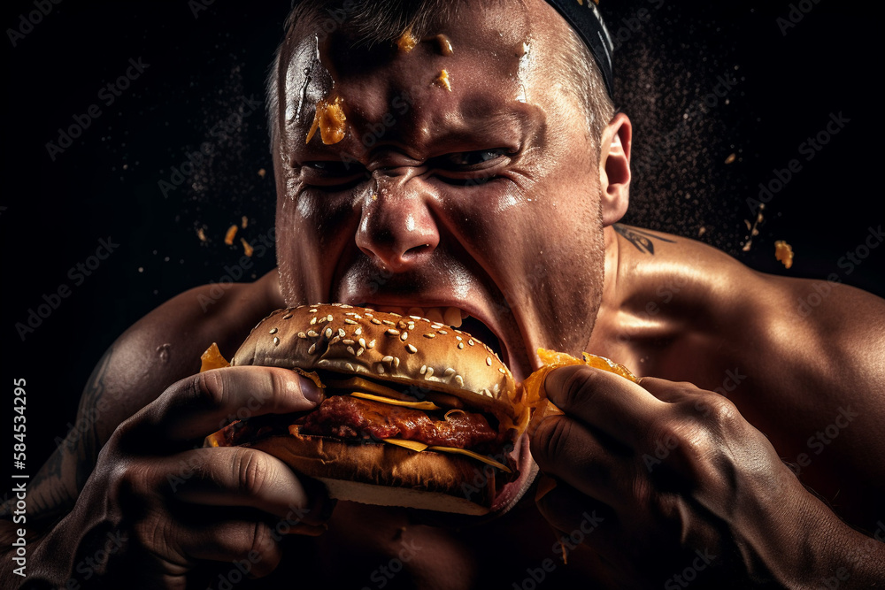 Bodybuilder Eating Burger Aggressive, AI generation Stock Illustration ...