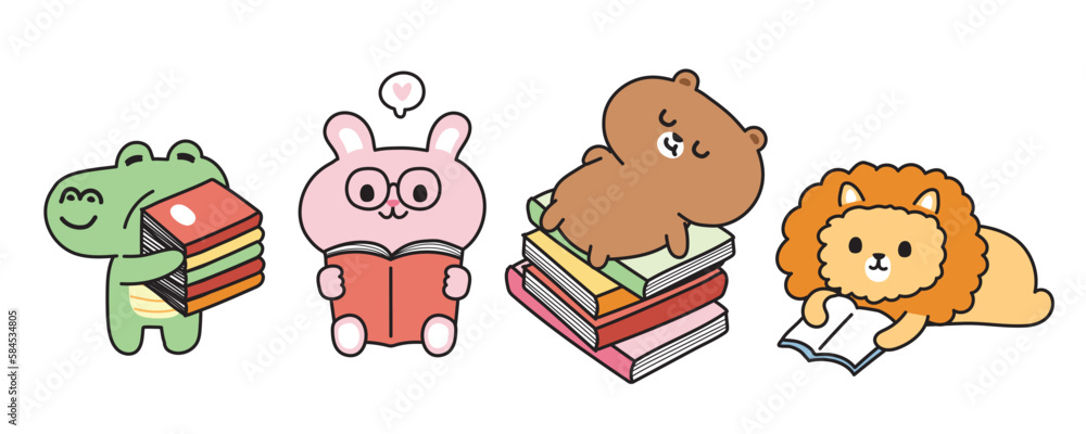 Set of cute animals with book in various poses on white background ...