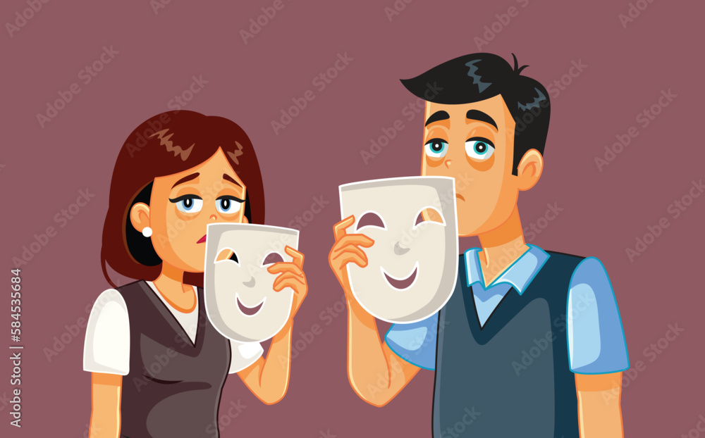 Sad Couple Wearing Happy Masks for Society Vector Conceptual ...
