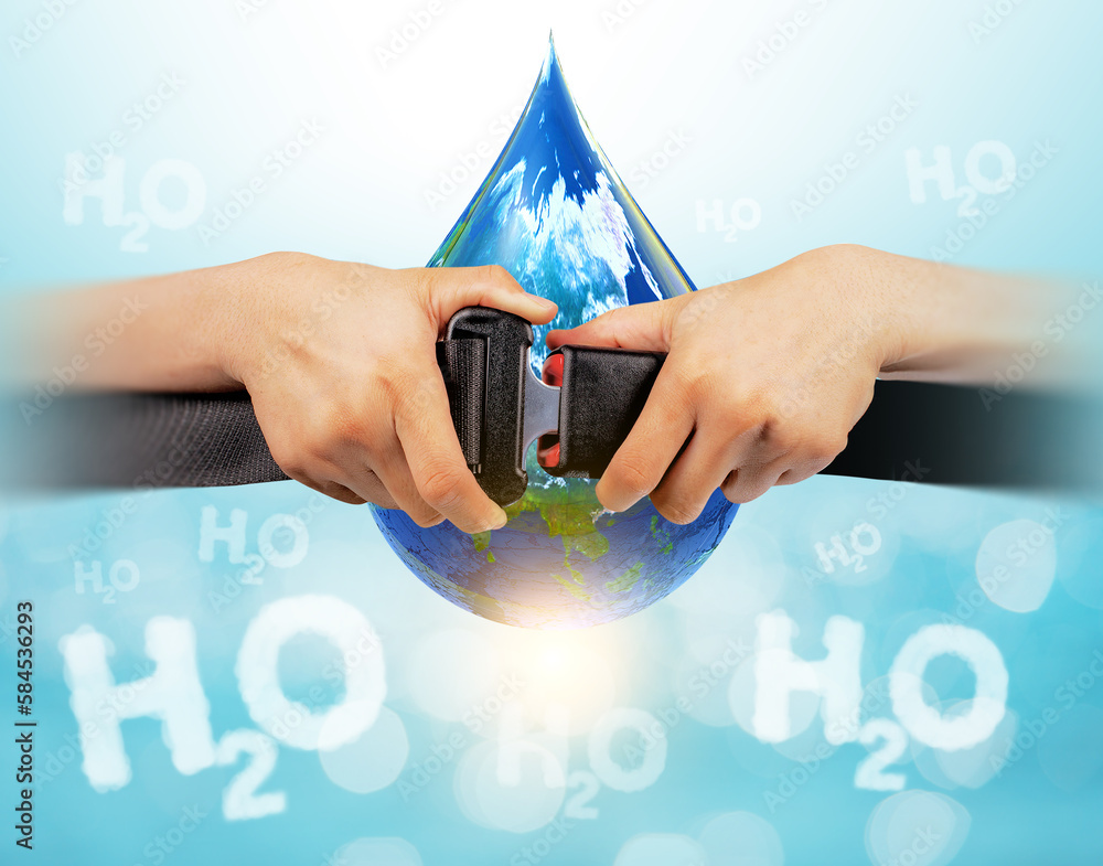 Close up two hand use safety belt safe world in water drop shape on ...
