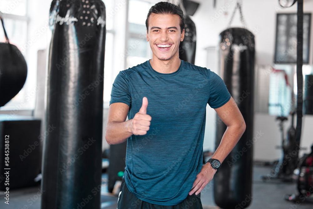 Laughing, thumbs up and portrait of man in gym for success, motivation ...