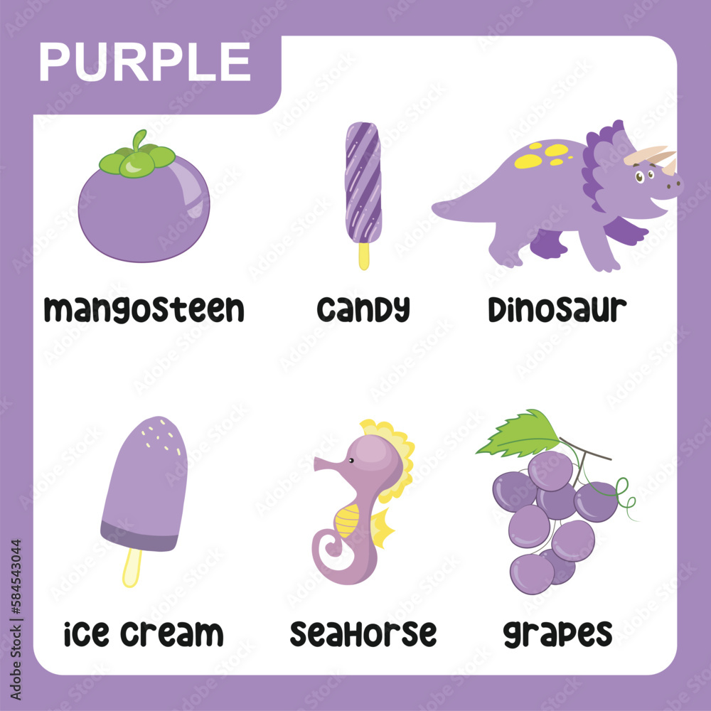 Set of purple color objects. Primary colours flashcard with purple ... Set of purple color objects. Primary colours flashcard with purple ...