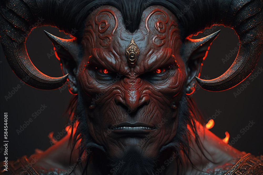 Devil, satan in hell concept. Portrait of an evil monster with horns ...