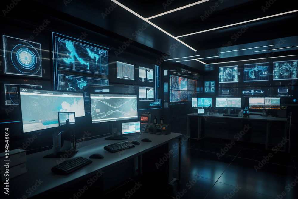 Empty interior of big modern security system control room, workstation ...