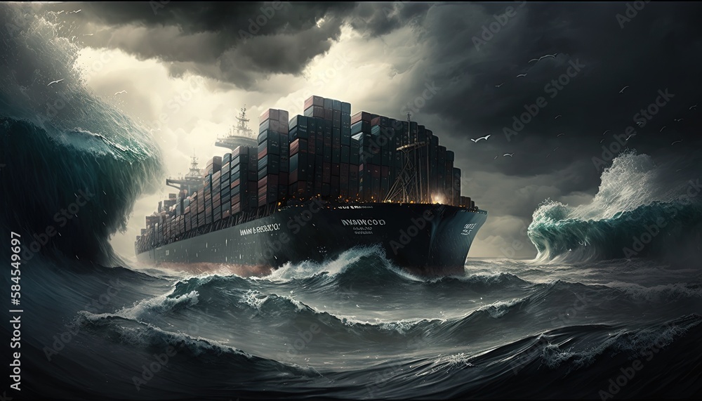 Container ships in the sea, The sea is rough, with waves crashing ...