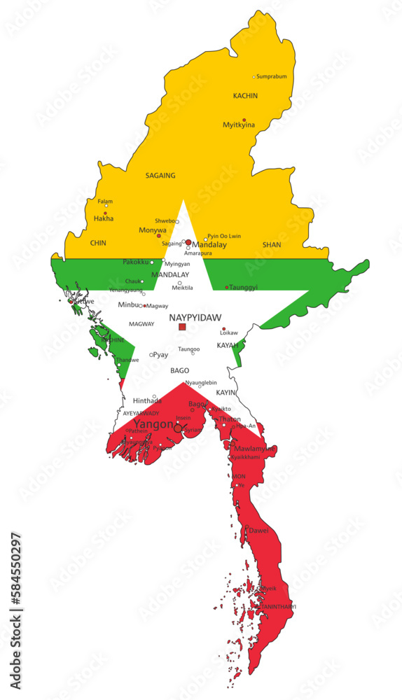 Myanmar highly detailed political map with national flag isolated on ...