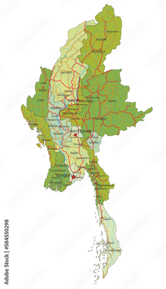 Highly detailed editable political map with separated layers. Myanmar ...