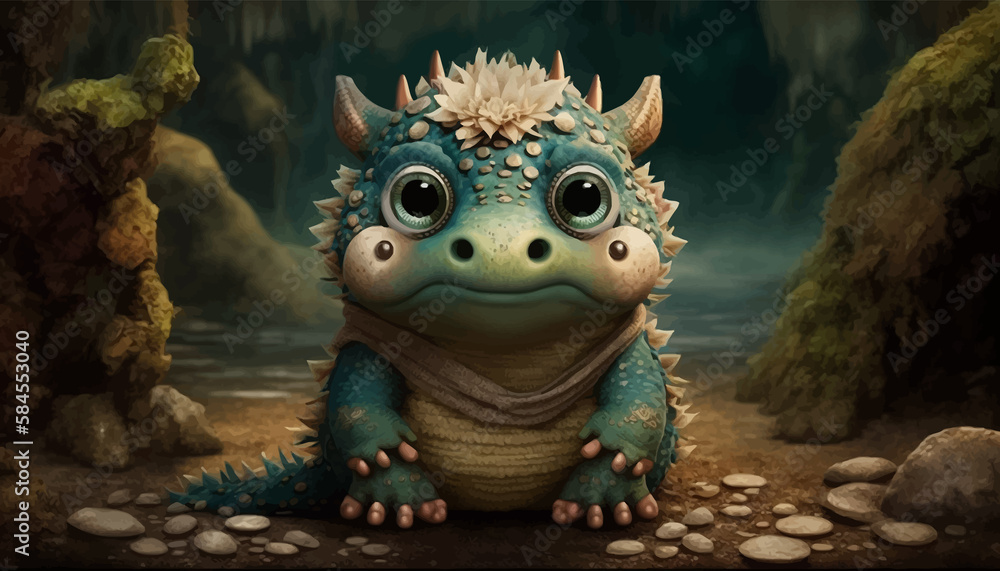 Little blue dragon with big eyes is sitting in a cave. Fantasy world ...
