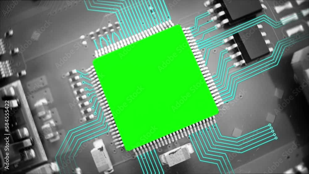 Motherboard circuit with a Green screen cpu chip animated electric ...