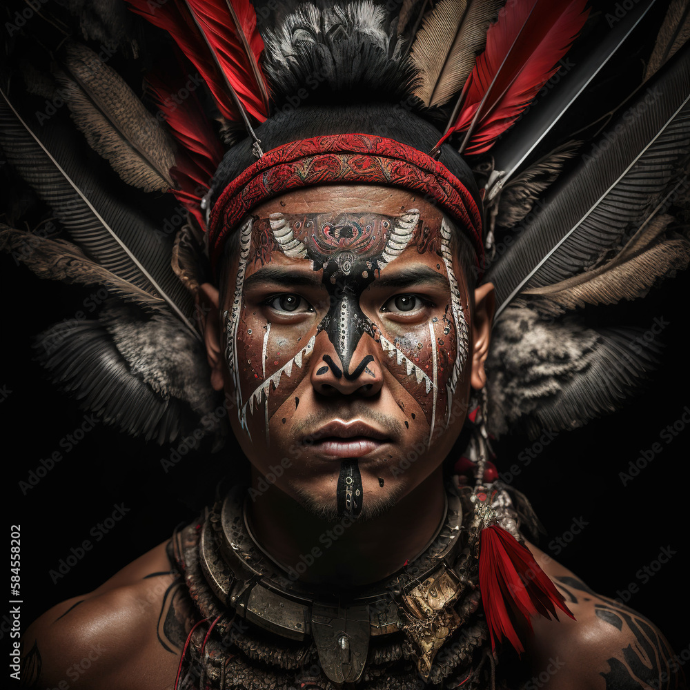 men, staring eyes,, portrait, full face, detailed ornaments, dayak ...