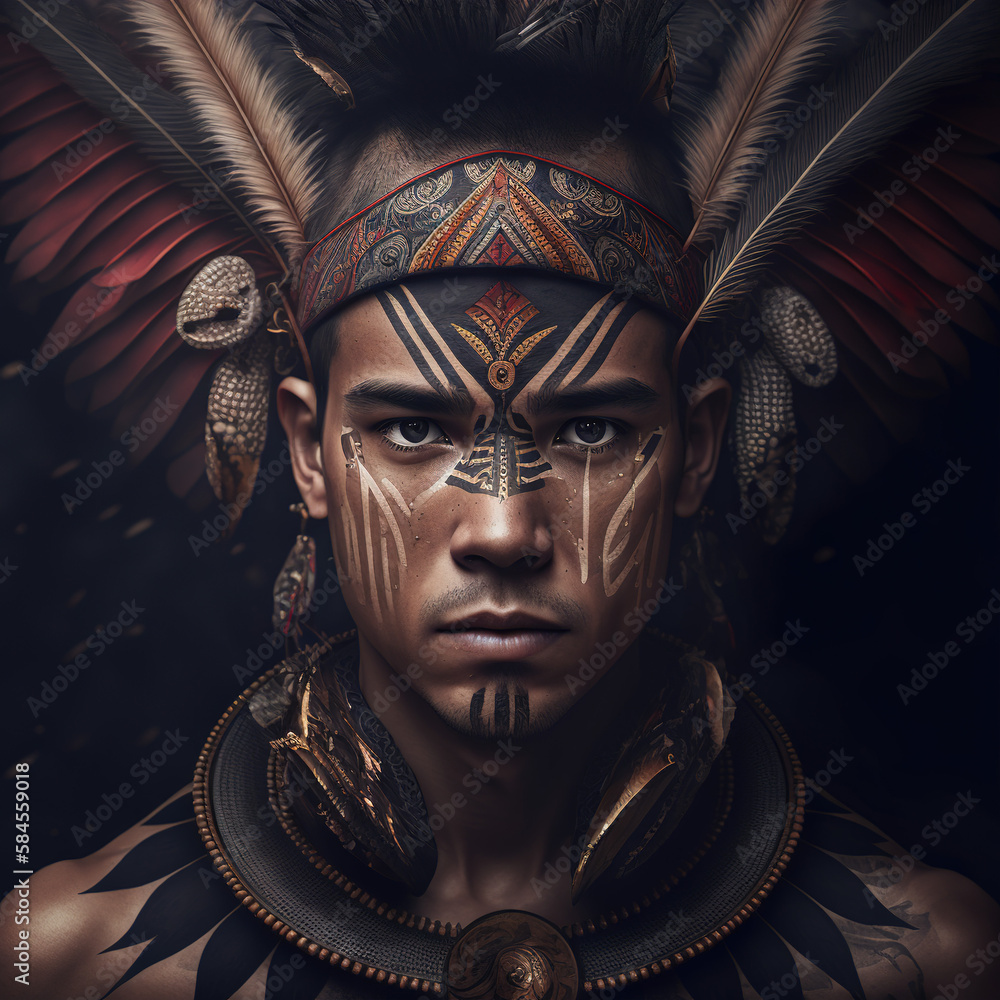 men, staring eyes,, portrait, full face, detailed ornaments, dayak ...