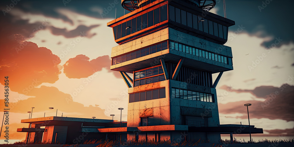 Airport building and airplanes on runway, control tower in sight ...