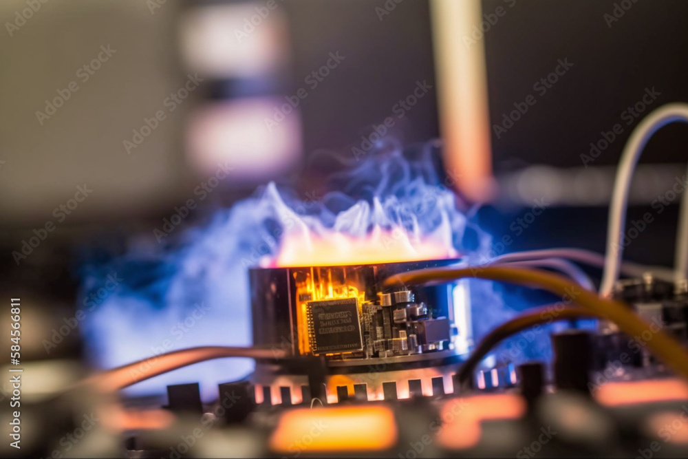 overheat CPU microchip turbocharger with fire flame on computer ...