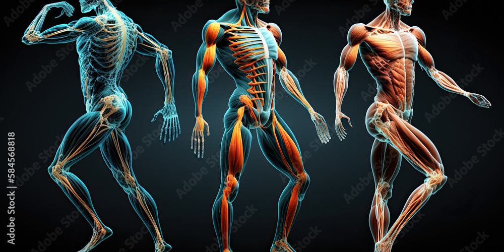 An illustration of human muscles with a blue and black background ...