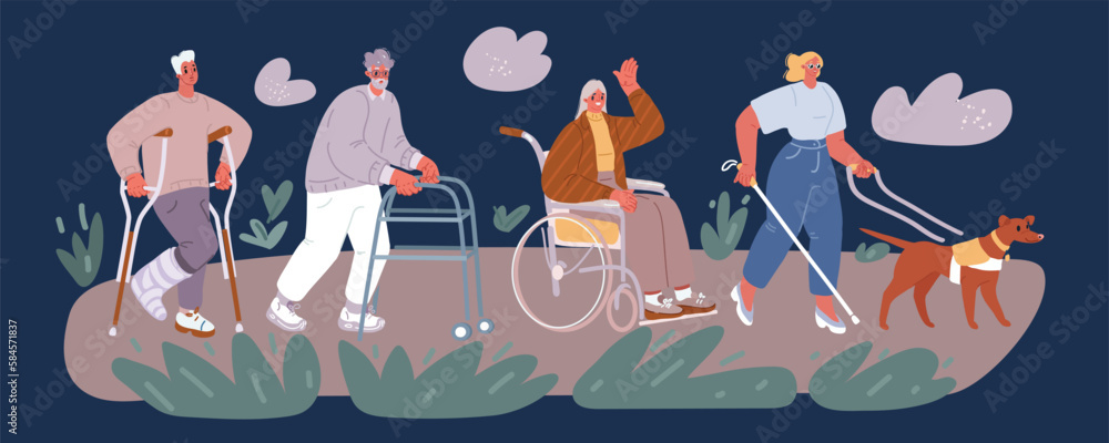 Cartoon vector illustration of Disabled people work together in the ...