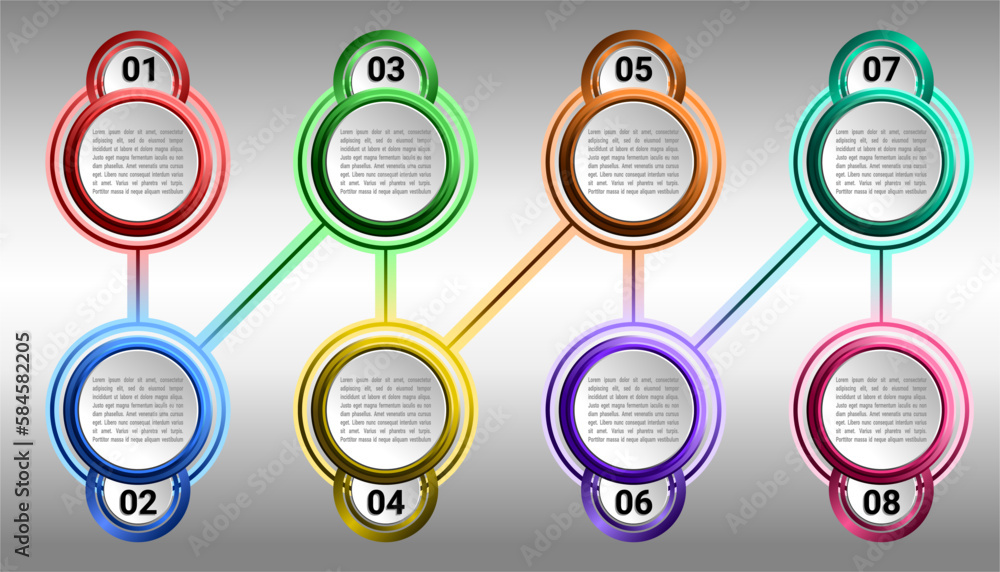 A circle-based timeline with 8 steps that uses design elements. Layout ...