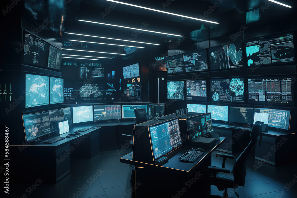 Control room with multiple monitors and large screen. Generative AI ...