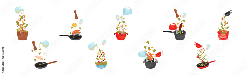 Food Preparation with Floating Ingredients for Cooking and Utensils ...
