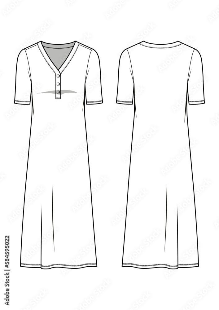 henley detailed short sleeve fitted dress technical drawing / flat ...