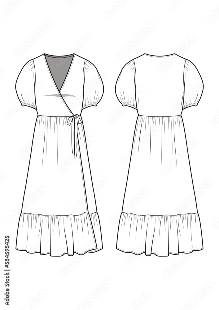 Short puff sleeve wrap style maxi dress technical drawing / flat sketch ...