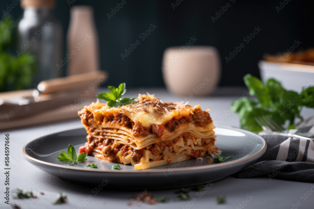 Présentation d'une assiette avec une part de Lasagne bolognaise prêt à ...