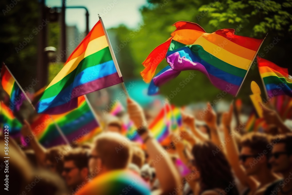 AI generated closeup rainbow flags of LGBT community blowing in wind at ...