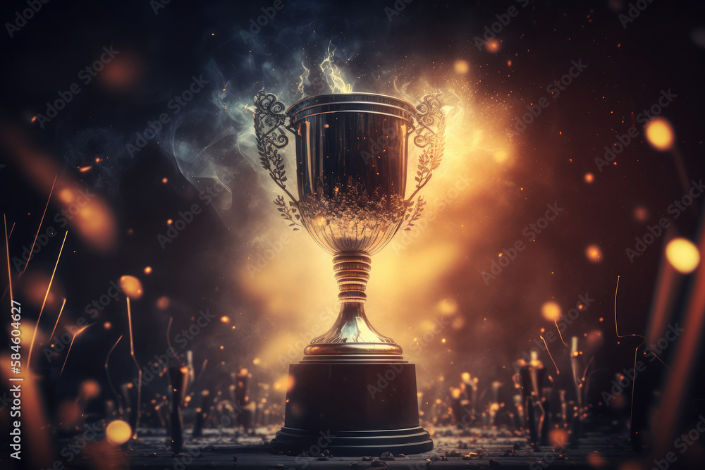Golden champion trophy cup winner on blur bokeh dark lights background ...