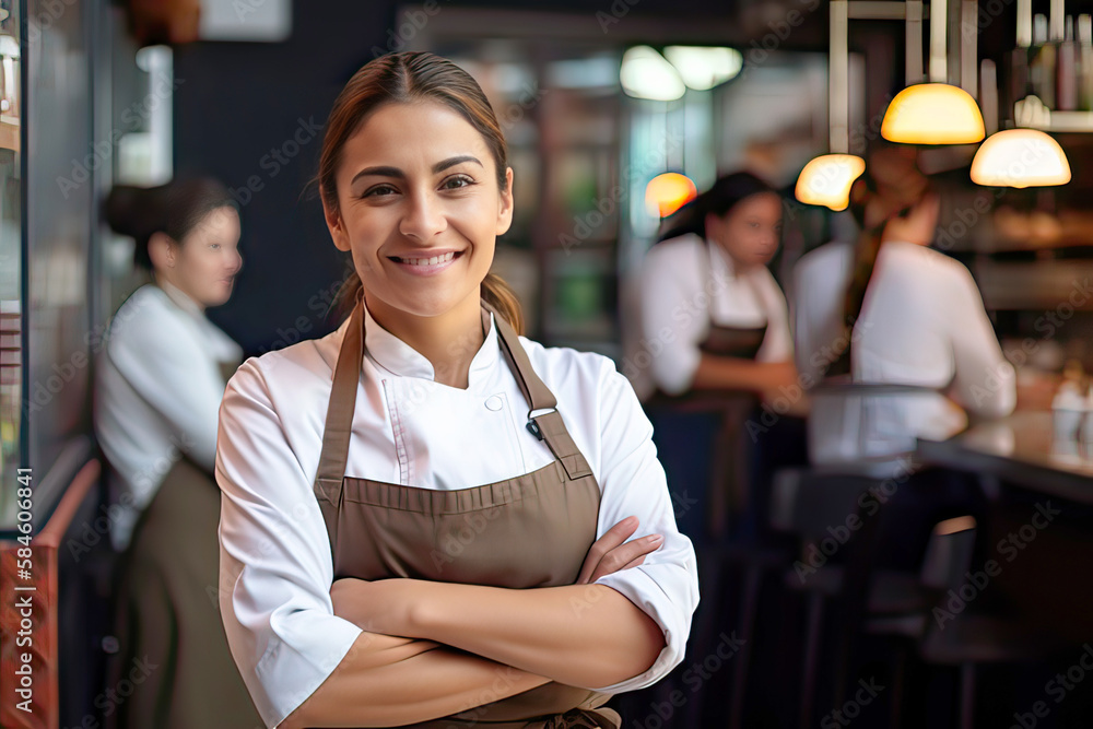 Portrait of waitress young woman wearing apron smiling and looking at ...
