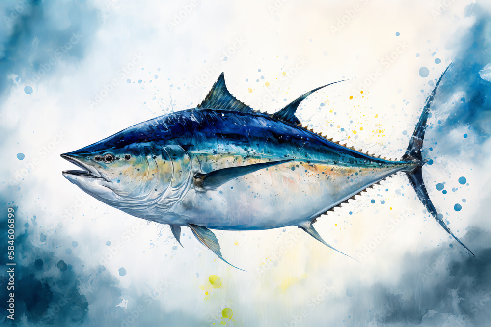 Generative AI illustration of watercolor painting of tuna fish with ...