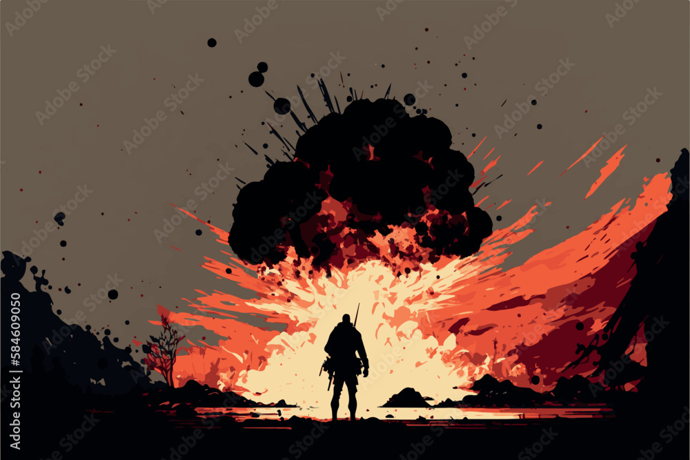 Silhouette of soldier on battlefield. Warzone. Military man on ...