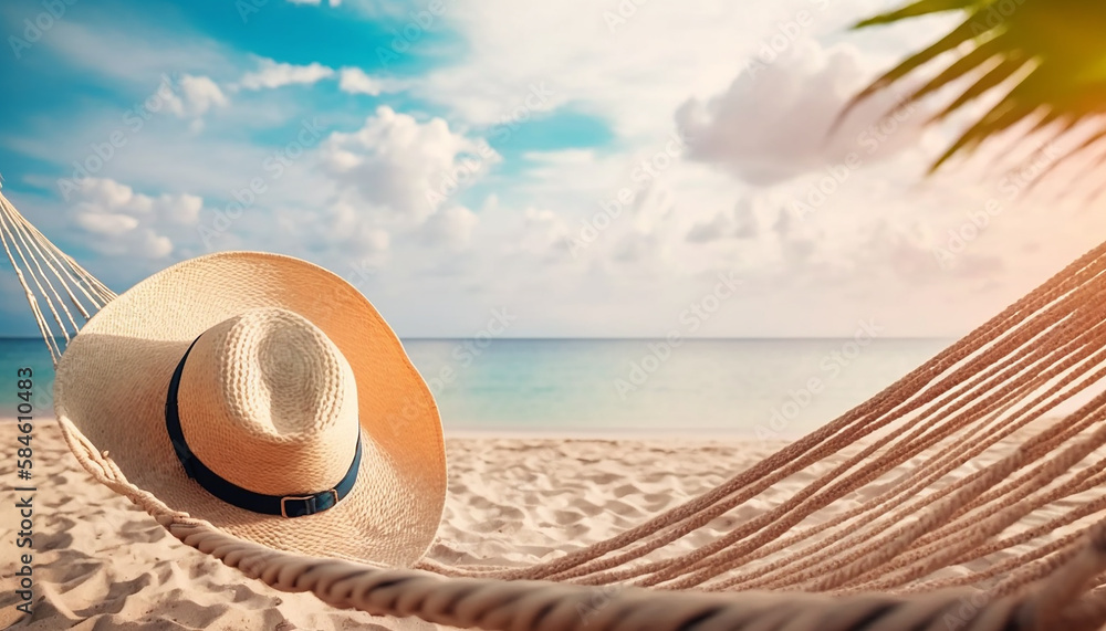 Vacances à la plage, hamac avec chapeau de paille sous les palmiers ...