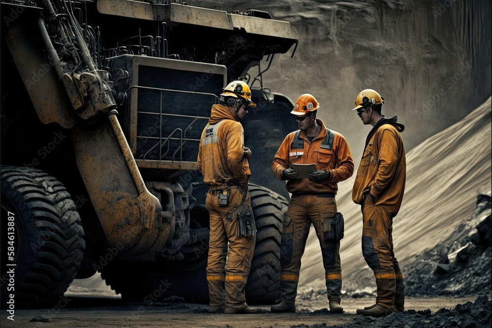 Workers group in coal mining quarry discussing project standing in ...