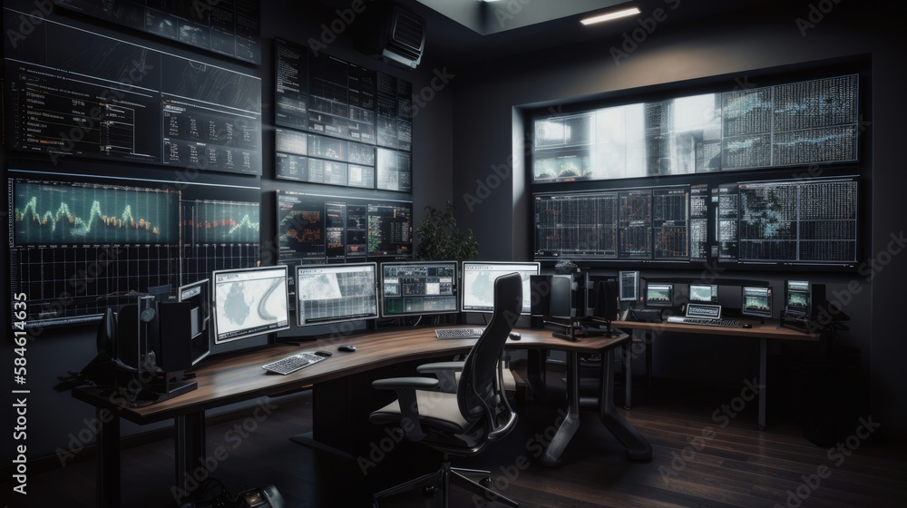 Trading Desk with Multiple Monitor and many computer screens Displaying Real time Market Data ...