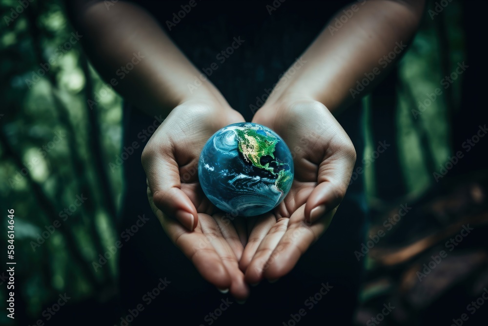 Zum Earth Day die Erde schützen, Erdball in den Händen, im Regenwald ...