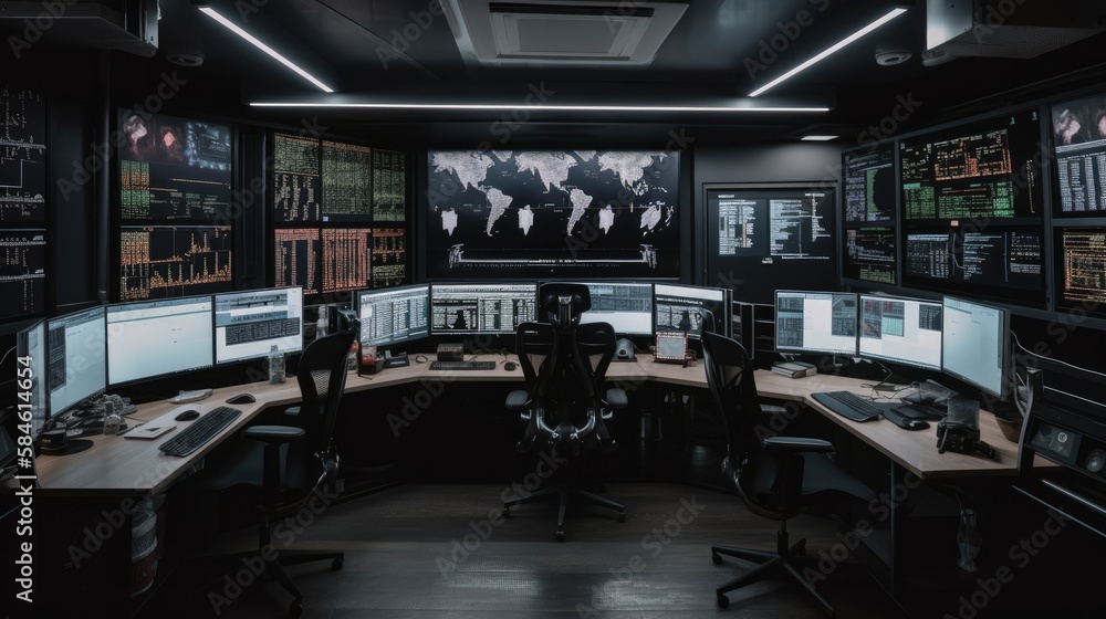 Trading Desk with Multiple Monitor and many computer screens Displaying Real time Market Data ...