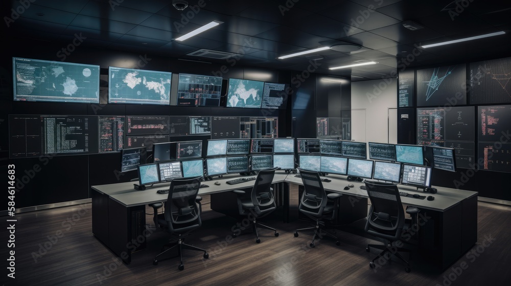 Trading Desk with Multiple Monitor and many computer screens Displaying Real time Market Data ...