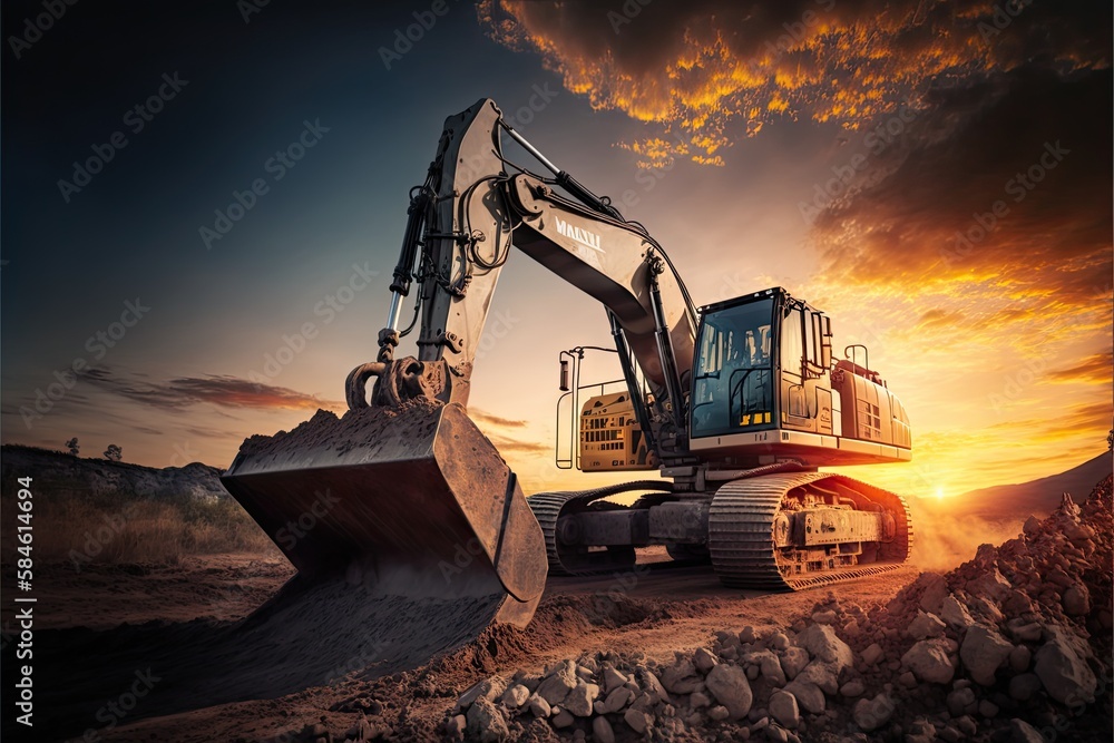 Photo & Art Print Excavator earthmoving at coal open pit on sunset ...