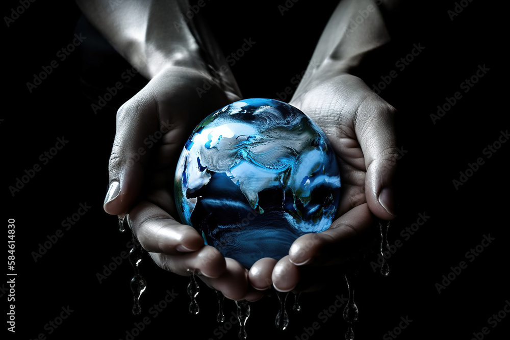 Blue Earth world on two hands with dripping water, abstract black ...