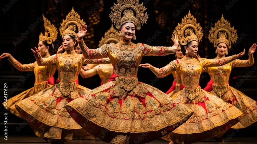 A traditional Thai dance performance with intricate costumes and ...