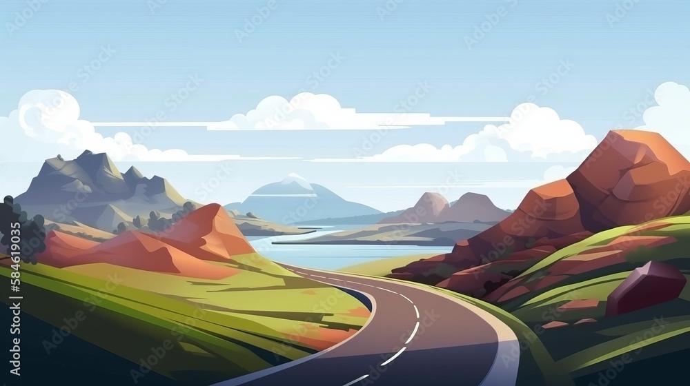 Cartoon mountain road landscape with nature, sky, and lake ...