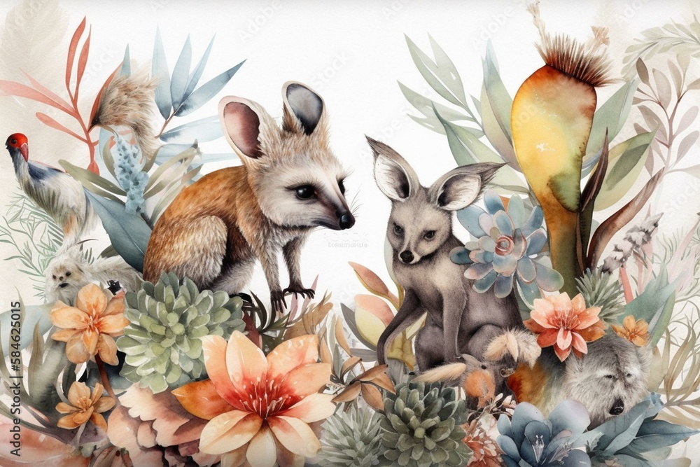 Watercolor composition with Australian animals and natural elements ...