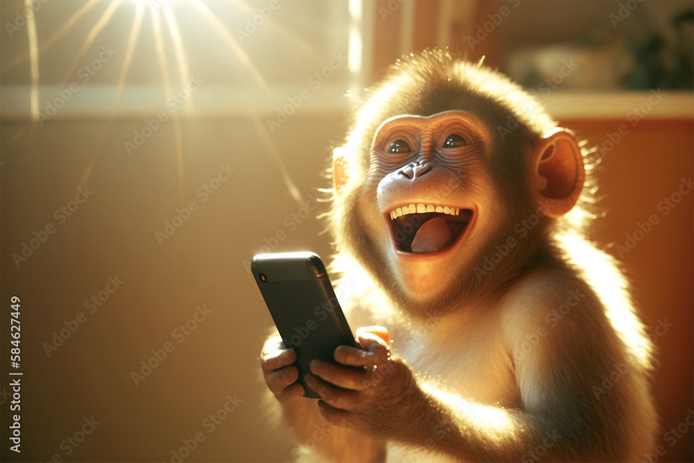 Cute happy monkey with smartphone on sunny background. Generative AI Stock Illustration | Adobe ...